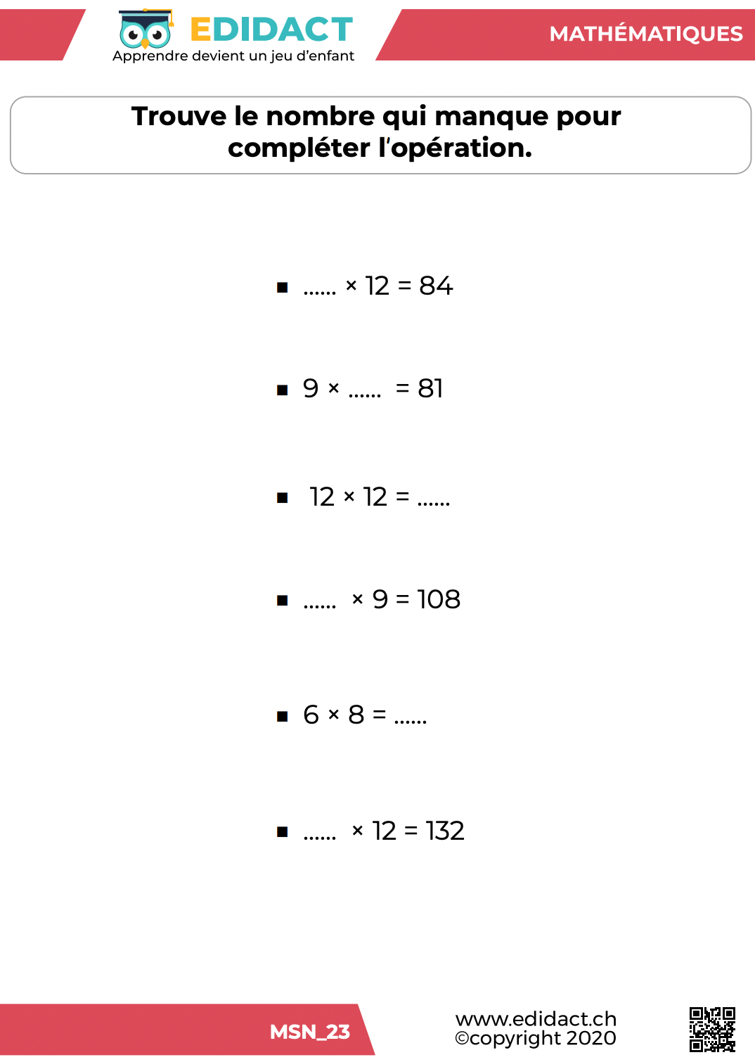 Exercices de Multiplication en Ligne - Fiches PDF, Tables & Jeux - Edidact
