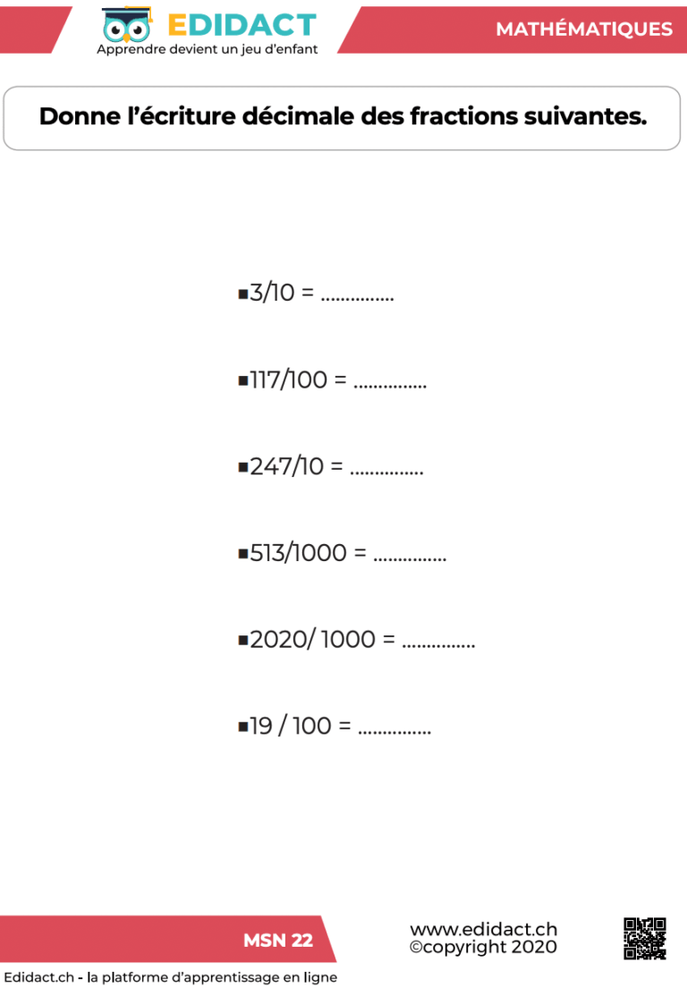Exercices Fractions CM2 en ligne & Fiches PDF avec corrections - Edidact